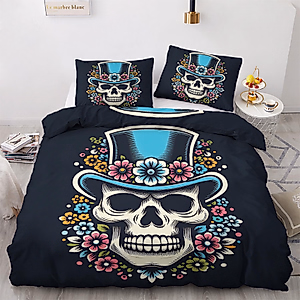 zcwl Day of The Dead Duvet Cover Queen Size | Hat Skull Floral Bedding Set | 3 Piece | Soft Microfiber Patterned Comforter Cover with Zipper Ties & 2 Pillowcases | Mexican Bedroom Decor