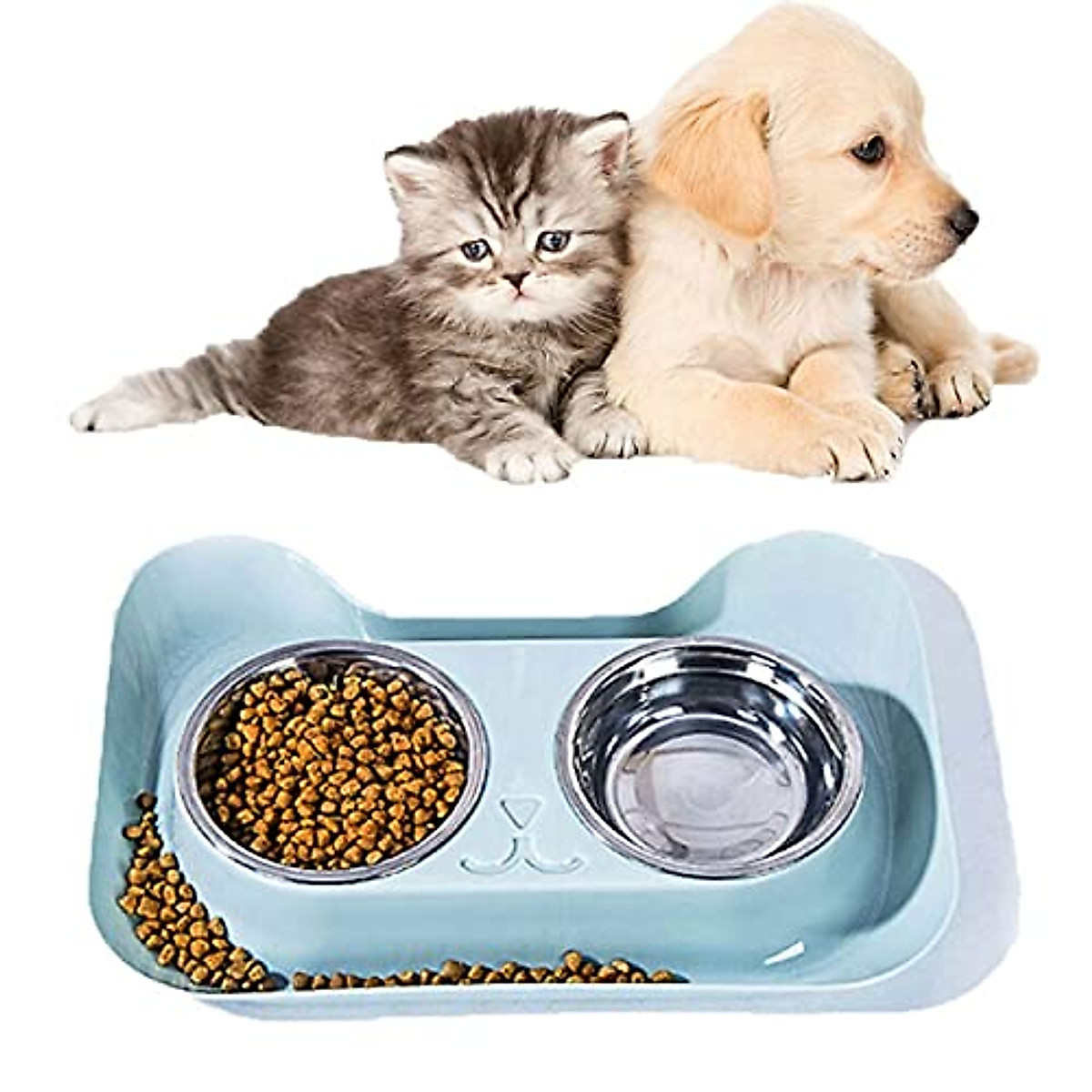 FUUIE Bowls for Food and Water Universal Pet Dog Cat Stainless Steel Double Bowl Feeder Non Slip Safety Material Water Food Container (Color : Blue)