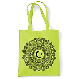 Islamic Crescent Mandala Large Print Tote Shoulder Shopping Bag (Lime Green)