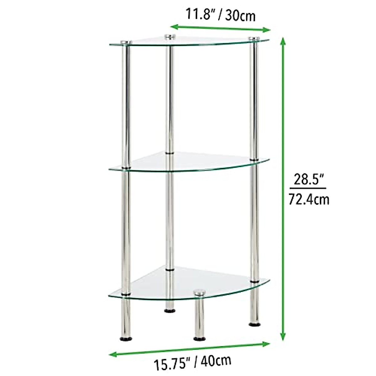 mDesign Bathroom Floor Storage Corner Tower, 3 Tier Open Glass Shelves - Compact Shelving Display Unit - Multi-Use Home Organizer for Bath, Office, Bedroom, Living Room - Clear/Chrome Metal