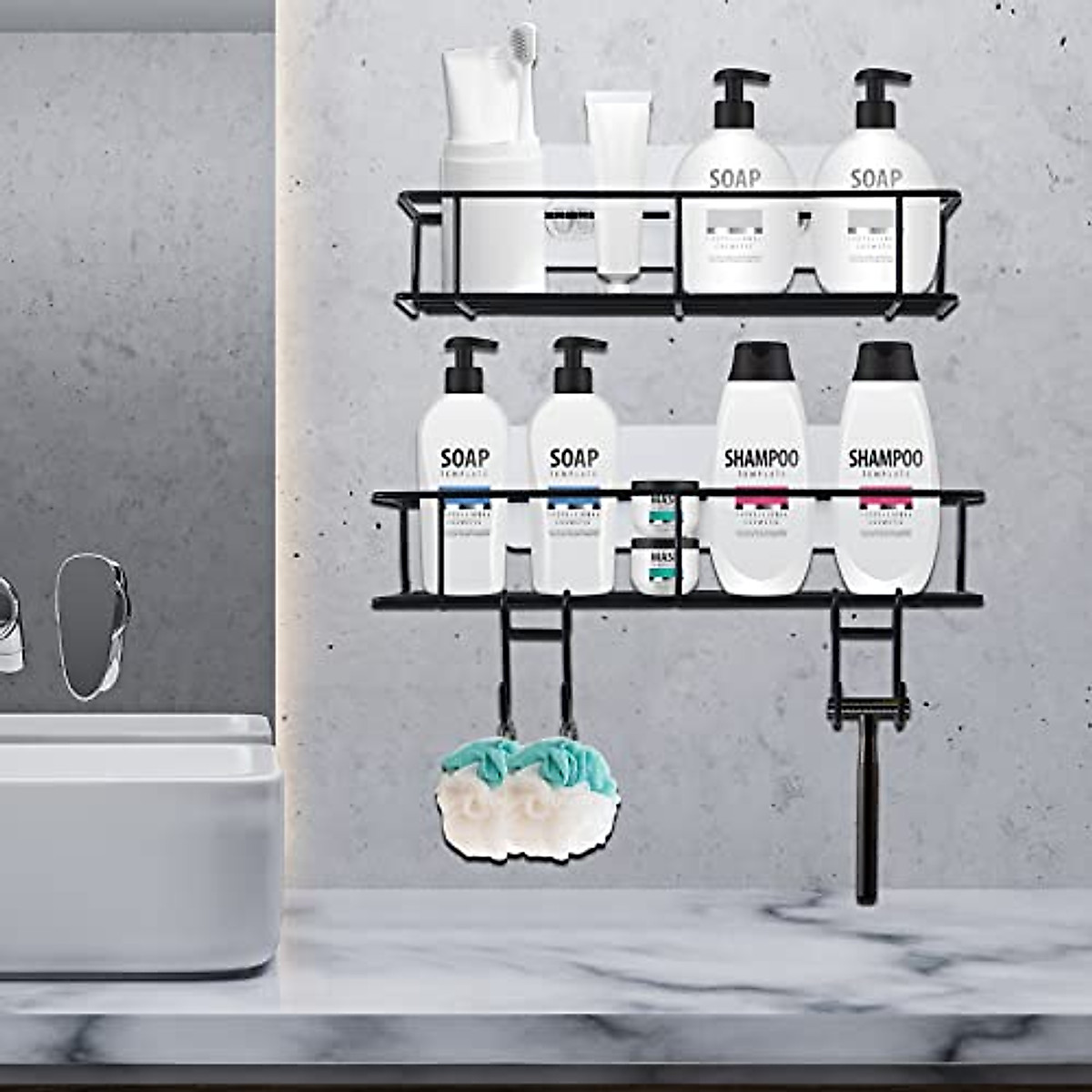 Shower Caddy 2-Pack with Hooks, No Drilling Adhesive Bathroom Storage Rack for Inside Shower Shampoo Conditioner Accessories Holder Shower Organizer