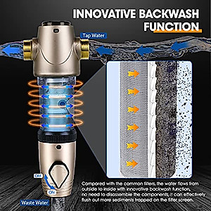 PUREPLUS Backwash Whole House Spin Down Sediment Water Filter With Scrapper 40 Micron, Reusable Flushable Pre-Filtration System for City/Tap water, 1" MNPT + 3/4" FNPT + 3/4"MNPT, Brass, BPA Free