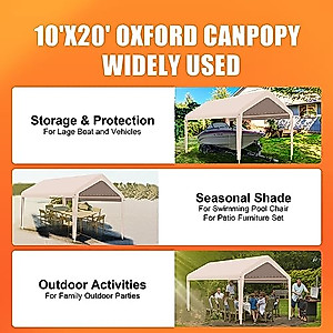 Carport Canopy 10'x20' Heavy Duty Replacement Cover, Garage Shelter Cover 800D Oxford Waterproof & UV Protected Tarp with Ball Bungees, Not Include Frame, Beige