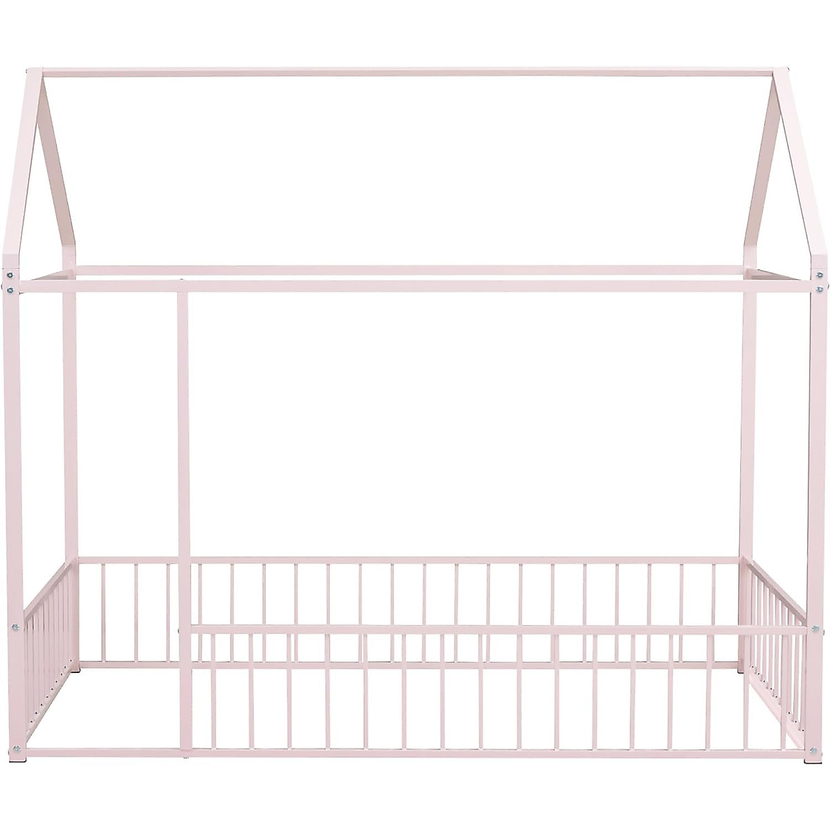 INDSUMOT Twin Size Montessori Floor Bed, Metal House Bed Frame with Fence Rails, Kids Playhouse Beds for Girls Boys Teens, Pink