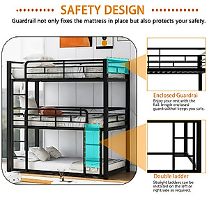 Bunk Beds, Twin Over Twin Over Twin Metal Bunk Bed, Triple Bunk Bed for Kids,Teens, Adults, Girls, Boys, Detachable BunkBed Can Be Divided into 3 Twin Beds,No Box Spring Need (Black)