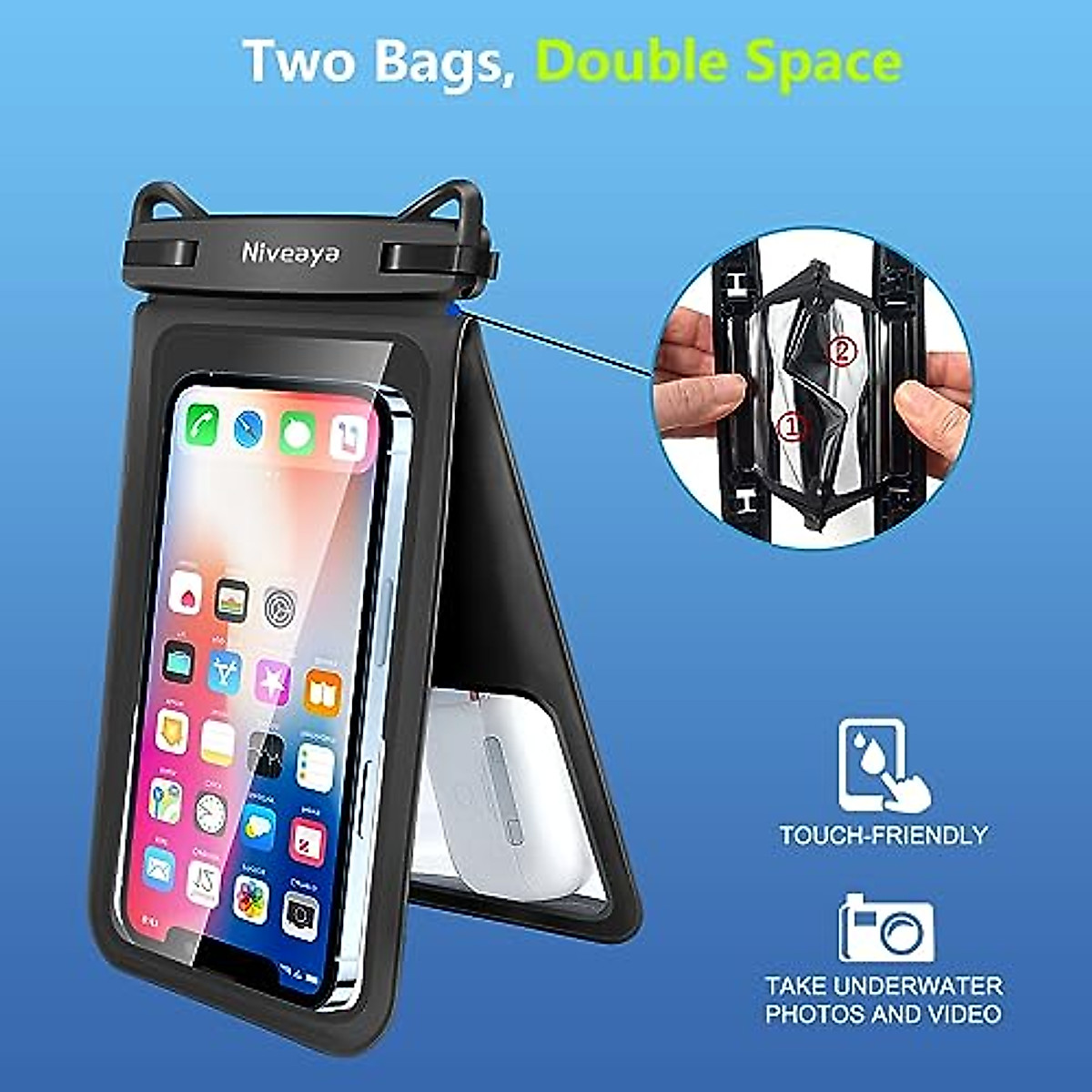 Niveaya Double Space Waterproof Phone Pouch - 2 Pack, Waterproof Phone Lanyard Case with iPhone 14/13/12/11 Pro Max/Pro/8 Plus, Galaxy S22/S21/S20/S10/Note 20/10/9 up to 7", Dry Bag for Vacation.