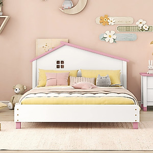 MERITLINE Full Bed Frame with House-Shaped Headboard, Wooden Full Size Platform Bed Frame with Shelf, Cute Full Bed for Kids Teens Girls Boys, No Box Spring Needed, White+Pink