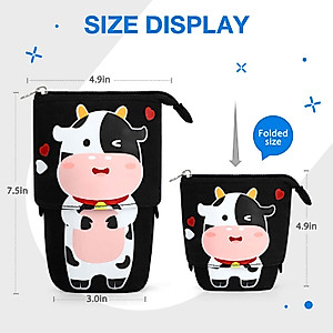 Cute Standing Pencil Case for Kids, Pop Up Pencil Box Makeup Pouch, Christmas Gift Kids Canvas Pen Holder Organizer Cosmetics Bag, Kawaii Stationary (Baby Cow)