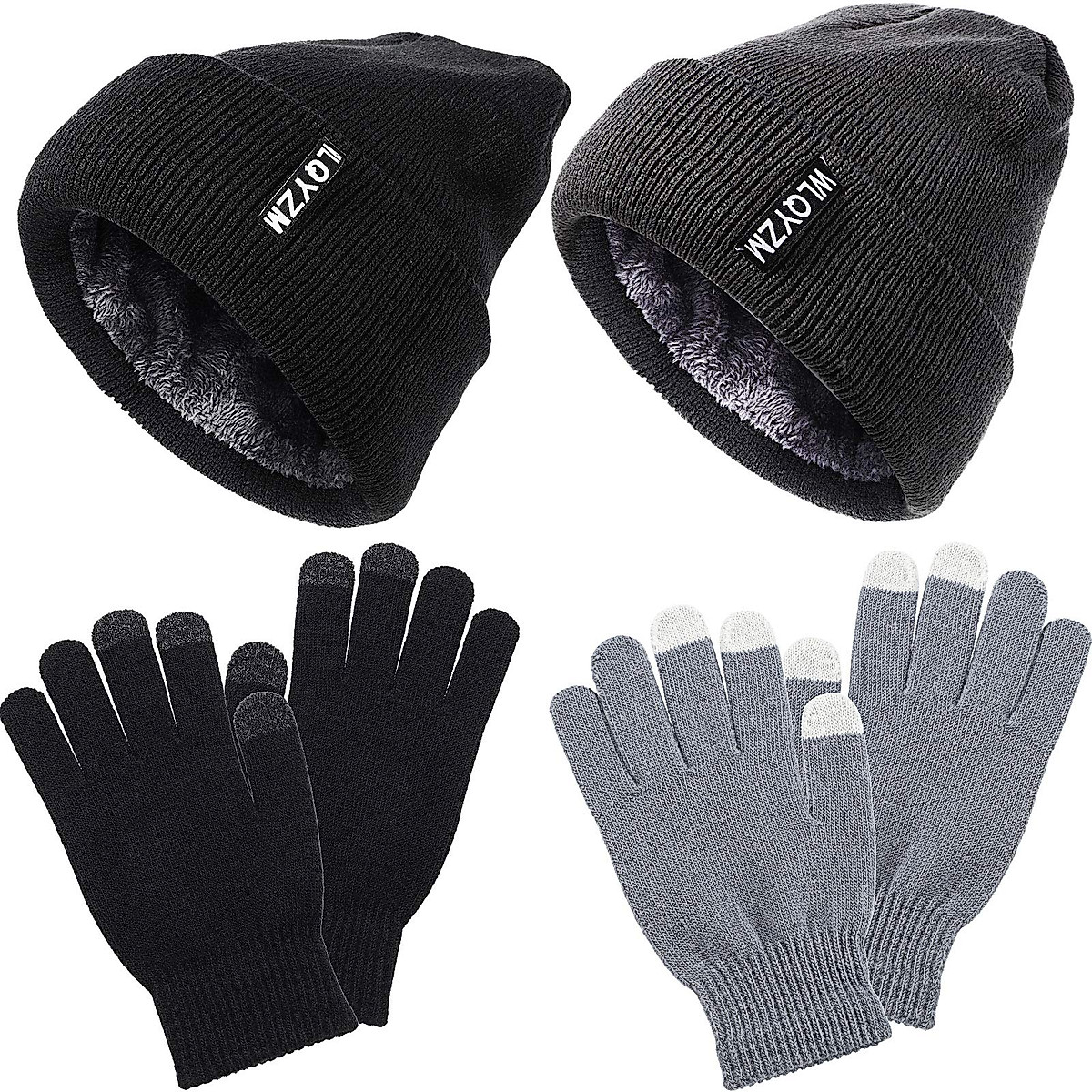 4 Piece Set Winter Beanie Hat and Glove Set with Fleece Lining, Winter Hat and Gloves Set, Unisex Cap and Glove Set for Men Women Black, Gray
