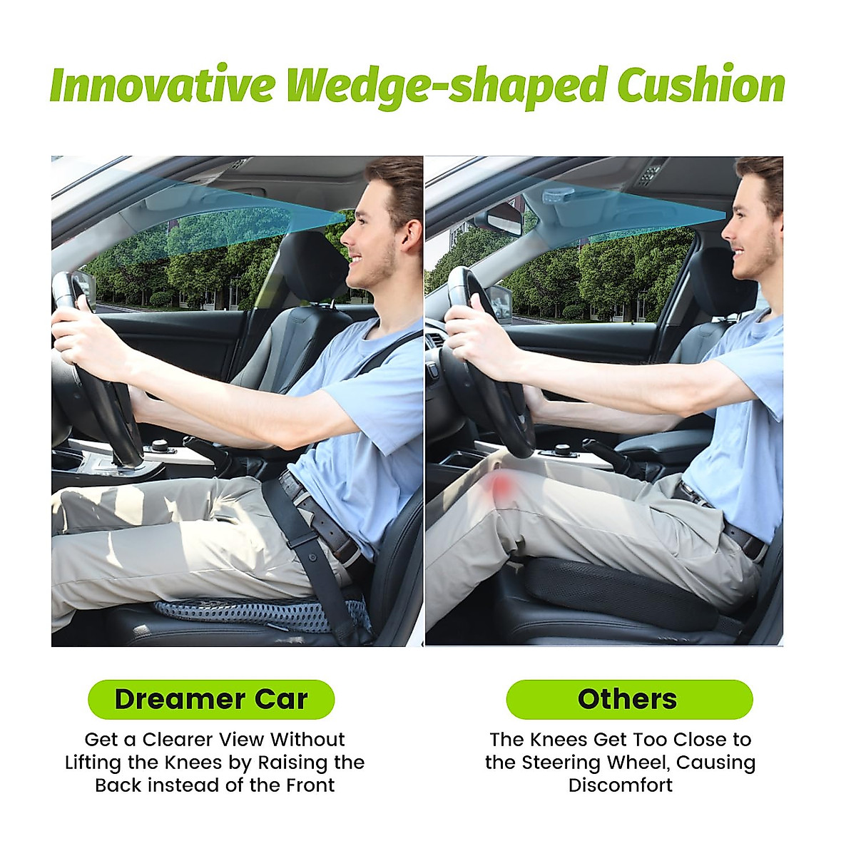 Wedge Car Seat Cushion for Driving Broaden Vision by Raised Back- Soft Dense Memory Foam Car Seat Cushion for Car Seat Driver/Passenger Offer Comfort and Relief for Sciatica,Hip,and Coccyx Pain(Black)