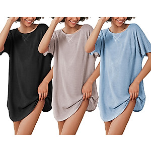 Ekouaer 3 Pack Women's Classic Short Sleeves Sleepshirt Waffle Knit Sleepwear Set 2 L