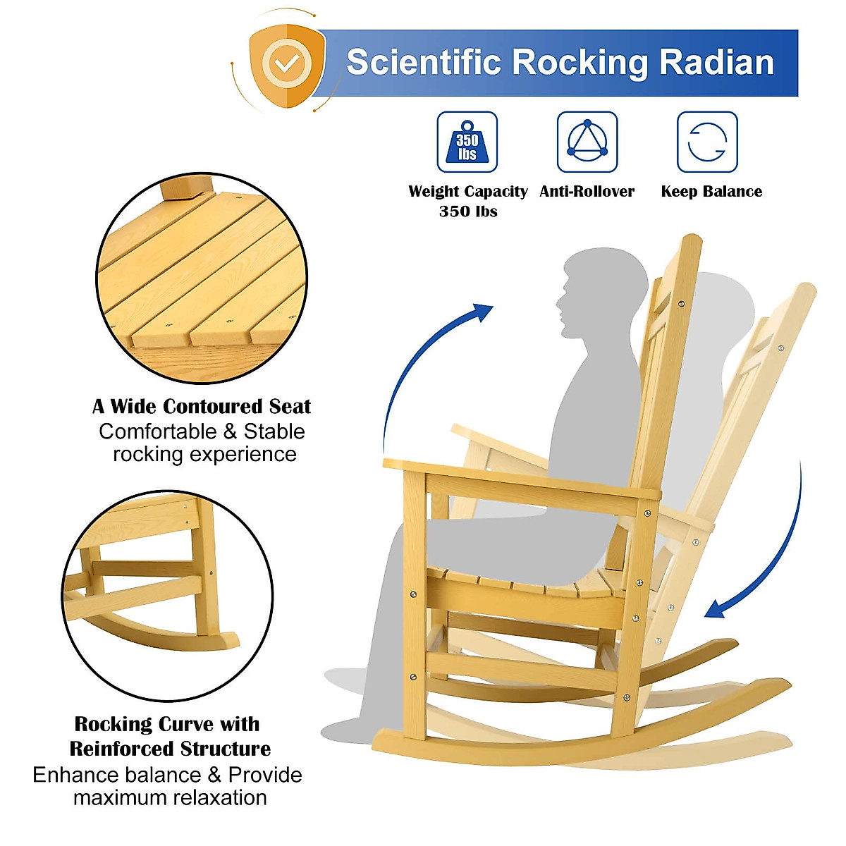 hOmeHua Patio Rocking Chair, All Weather Resistant Outdoor Indoor Fade-Resistant Patio Rocker Chair，Stable Durable Smooth Rocking, Comfortable Easy to Maintain, Load Bearing 350 lbs - Yellow