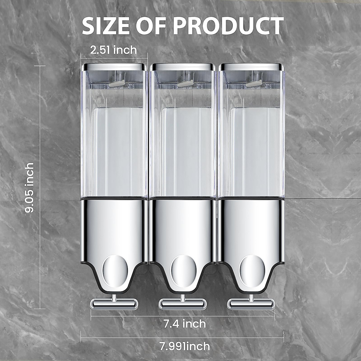 EHORIA 3-in-1 Quadrate Dispensers for The Shower,Shower soap Dispenser,Conditioner Dispenser, Shampoo Dispenser,No Drilled Wall Mounted Distributor,Hotel,Bathroom,Home (Triple, Colorless)