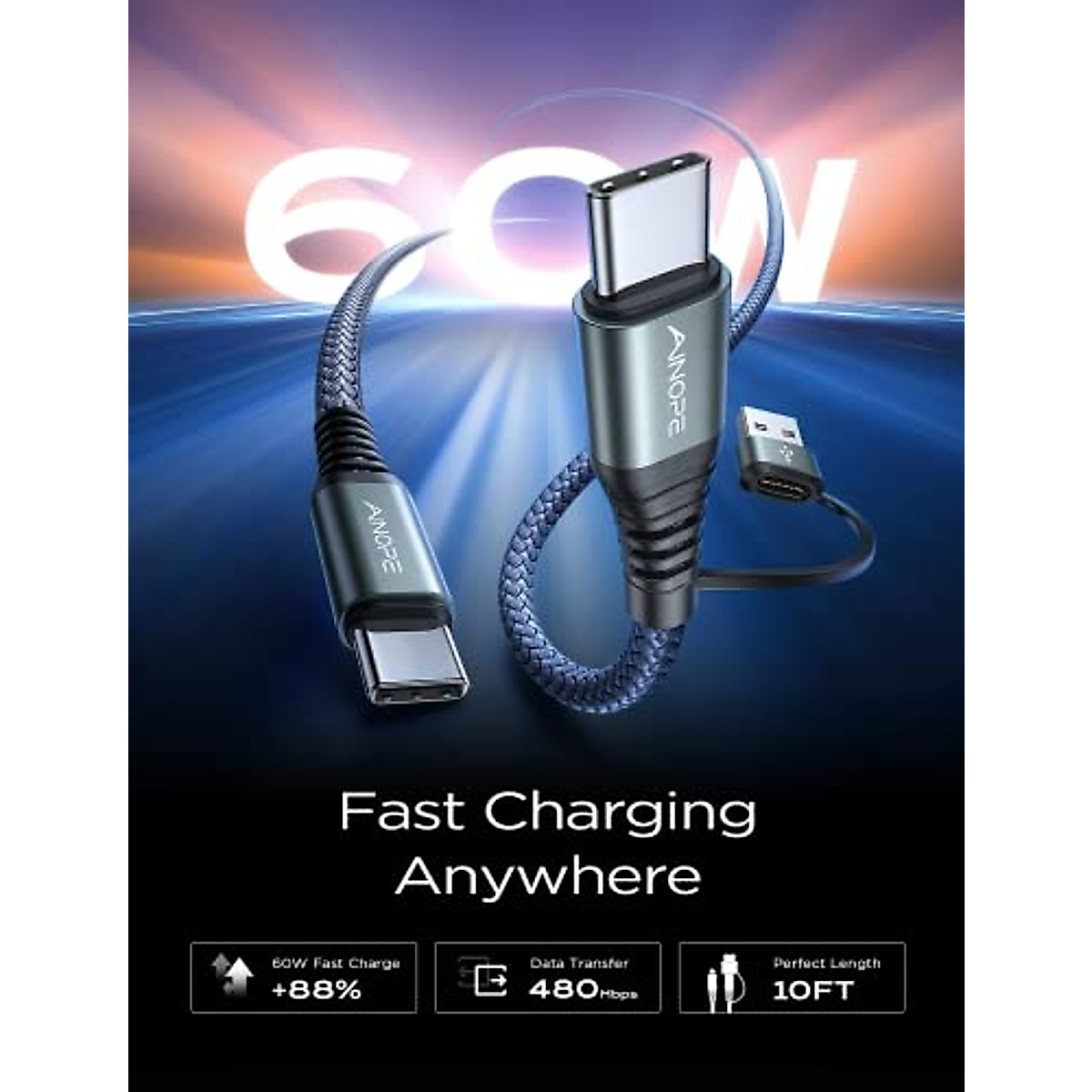 AINOPE USB C Cable Type C Charger Fast Charging 3.1A 10FT iPad Pro Charger Cable Durable Nylon Braided USB A/C to USB-C Cable for iPad Pro/AIR/Mini 6 MacBook Galaxy S23 S22 21 S10 Note