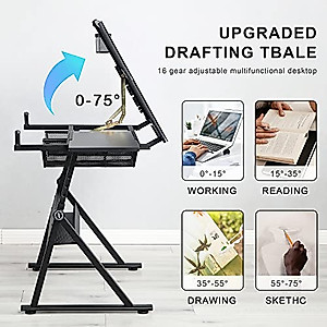 LifeSky Adjustable Glass Drafting Table - Height Adjustable Temped Glass Artists Drawing Table with Storage - Art Craft Desk Workstation for Adults
