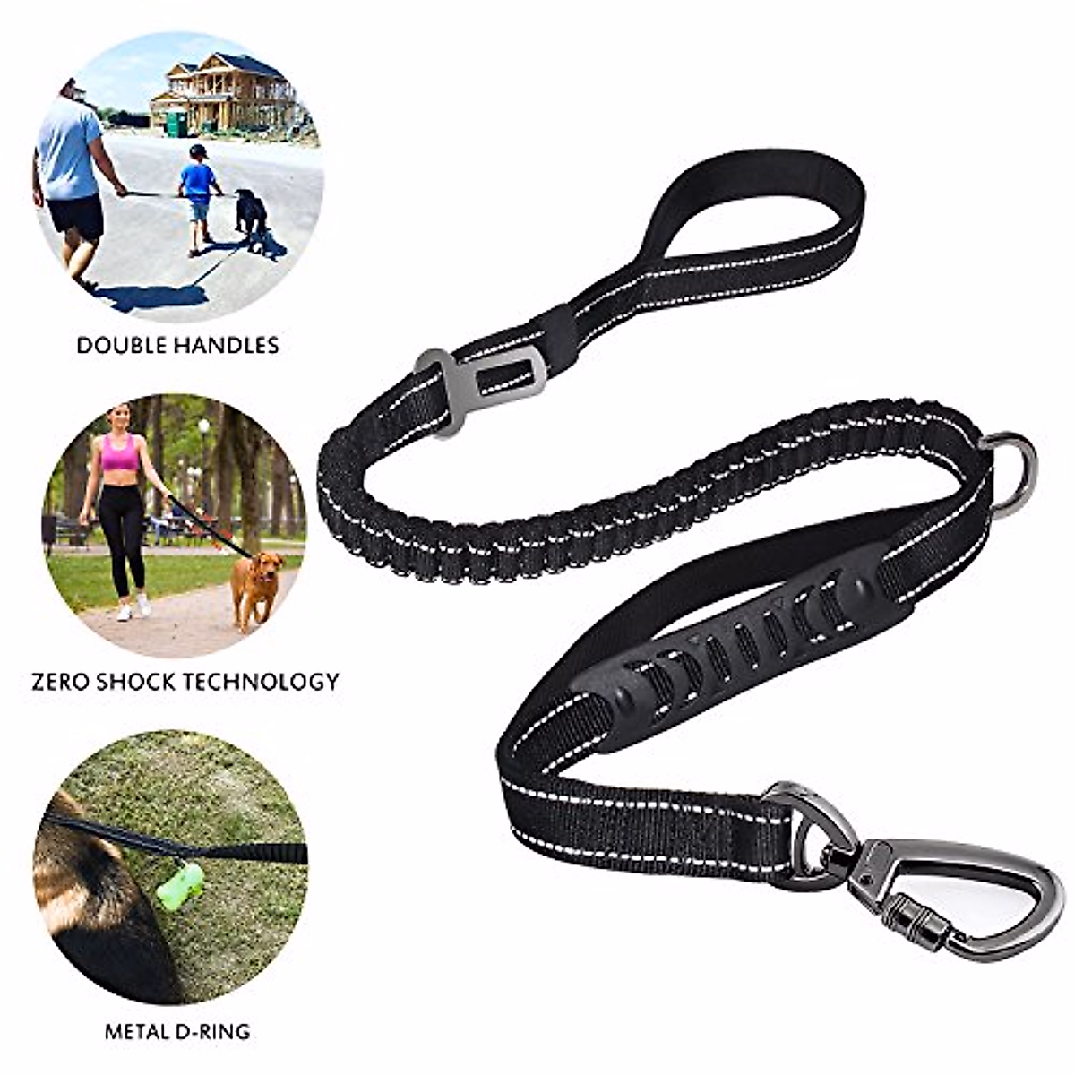 Fashion&cool Heavy Duty Dog Leash Especially Large Dogs Up to 150lbs, 4-6 Ft Reflective Dog Walking Training Shock Absorbing Bungee Leash Car Seat Belt Buckle, 2 Padded Traffic Handle Extra Control