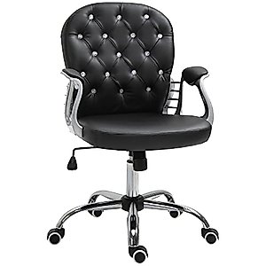 Vinsetto Vanity PU Leather Mid Back Office Chair Swivel Tufted Backrest Task Chair with Padded Armrests, Adjustable Height, Rolling Wheels, Black