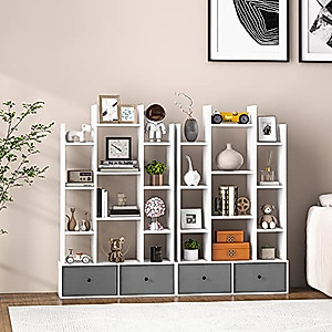 Tangkula Bookshelf with 2 Drawers, Tree-Shaped Bookcase with 12 Open Storage Shelves, Freestanding Industrial Wood Display Cube Shelf, Home Office Books Organizer, 31.5 x 9.5 x 52 Inches