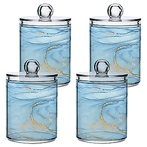 BOENLE 2 Pack Qtip Holder Dispenser Blue Marble Bathroom Storage Canister Lid Acrylic Plastic Apothecary Jar Set Vanity Makeup Organizer for Cotton Swab/Ball/Pad/Floss