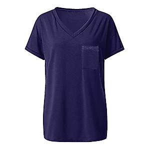 Iusun Women Short Sleeve T-Shirts Casual V-Neck Pocket Ruffled Loose Solid Color Tee Tops Tunic Tank Vest Blouse