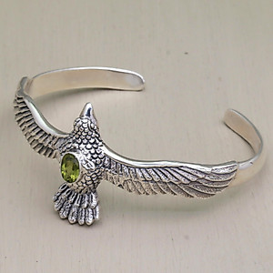 NOVICA Artisan Handmade Peridot Cuff Bracelet Hawk Motif in Sterling Silver Green Indonesia Animal Themed Birthstone Bird [5.75 in L (end to End) x 1.2 in W] ' Spirit Hawk'