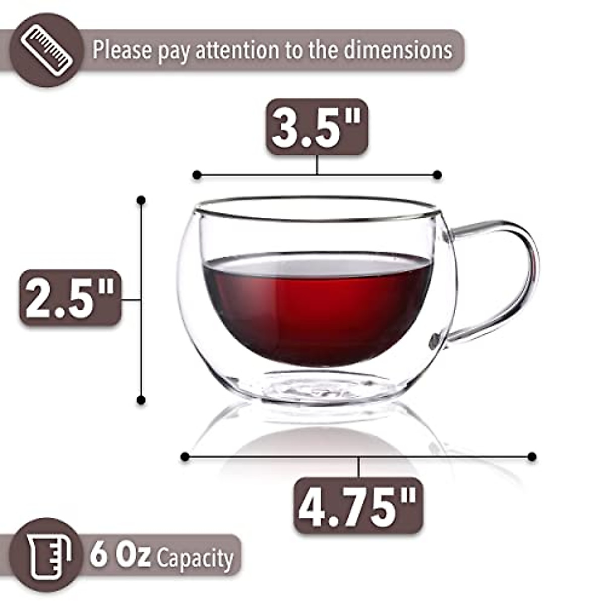 BTaT- Insulated Espresso Cups, Glass Tea Cups, Set of 4 (6 oz, 180 ml), Glass Coffee Mugs, Espresso Cups, Double Wall Glass Cups, Latte Cups, Tea Glasses, Latte Mug, Espresso Glass