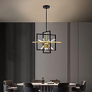 Yasince Small Metal Lantern Chandeliers, 8-Light Modern Geometric Pendant Light Fixture, Industrial Black and Champagne Gold Hanging Chandelier for Living Room Kitchen Island Foyer Hallway Farmhouse