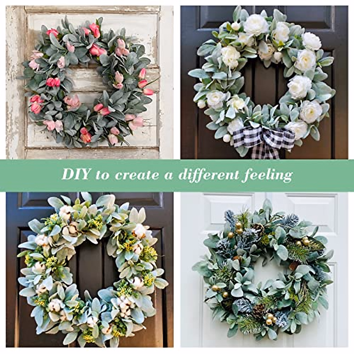CEWOR 22 Inch Fall Wreath Flocked Lambs Ear Wreaths for Front Door Spring Summer Greenery Wreath for Wall Window with Two Bows (Burlap & Buffalo Plaid Bow)