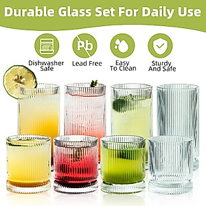 KEMORELA Drinking Glasses Set of 8, Ribbed Glassware, Vintage Fluted Glassware, 4 pcs Ribbed Glasses 16oz Highballs and 4 pcs 13oz Whiskey Glasses, Great for Cocktail, Beverages