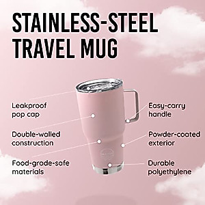 Mayim Large Travel Coffee Mug Tumbler with Clear Slide Lid and Handle, Reusable Vacuum Insulated Double-Wall Stainless-Steel Thermos, Fits in Cup Holder, 30oz., Blush