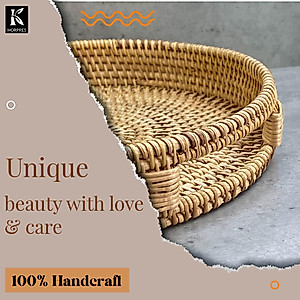 HORPRES Rattan Round Serving Tray, Wicker Fruit/Bread Serving Basket, Hand Woven Serving Basket with Cut - Out Handles, (Natural Color: 11.8 + 13.8 inch)