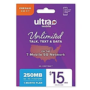 $15/mo. Ultra Mobile Prepaid Phone Plan with Unlimited International Talk, Text and 250MB of 5G • 4G LTE Data
