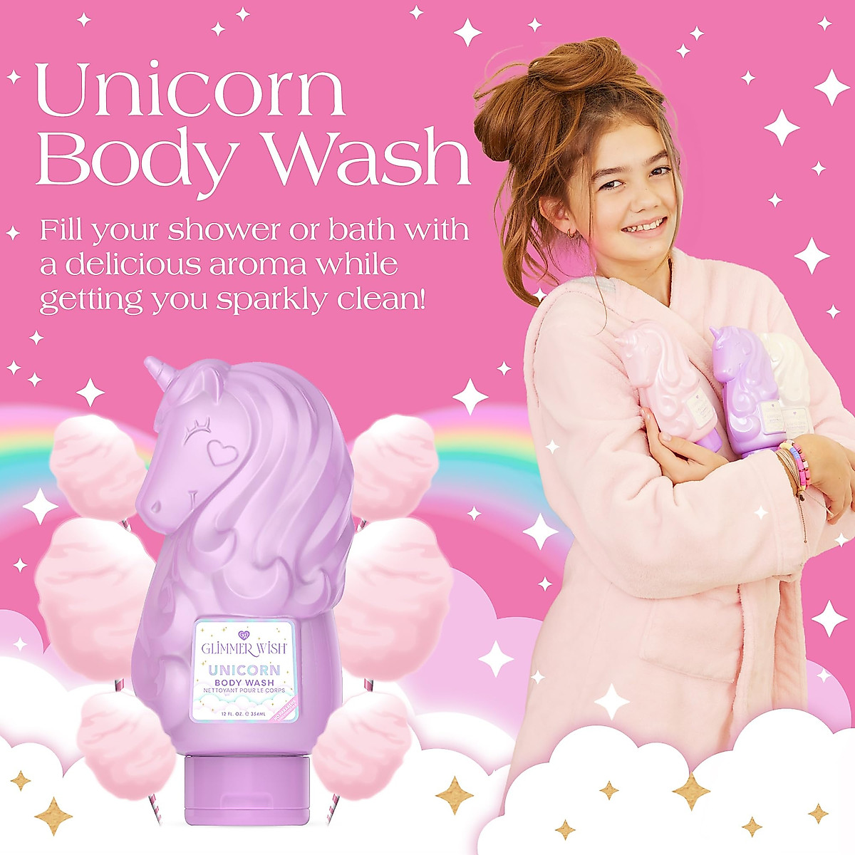 Glimmer Wish Unicorn Kids Body Wash, Gentle Cleanser and Moisturizing Sulfate Free Body Wash, Skin Care for Kids, Vanilla Cotton Candy, 12 Fl Oz