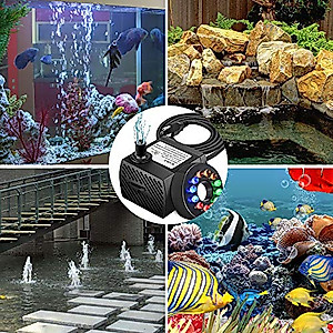 BestFire 90 GPH (350L/H, 5W) Submersible Water Pump, Ultra Quiet Fountain Water Pump with 5.9ft Power Cord, 12 Colorful Leds, 2 Nozzles for Fish Tank, Aquarium(US Plug)