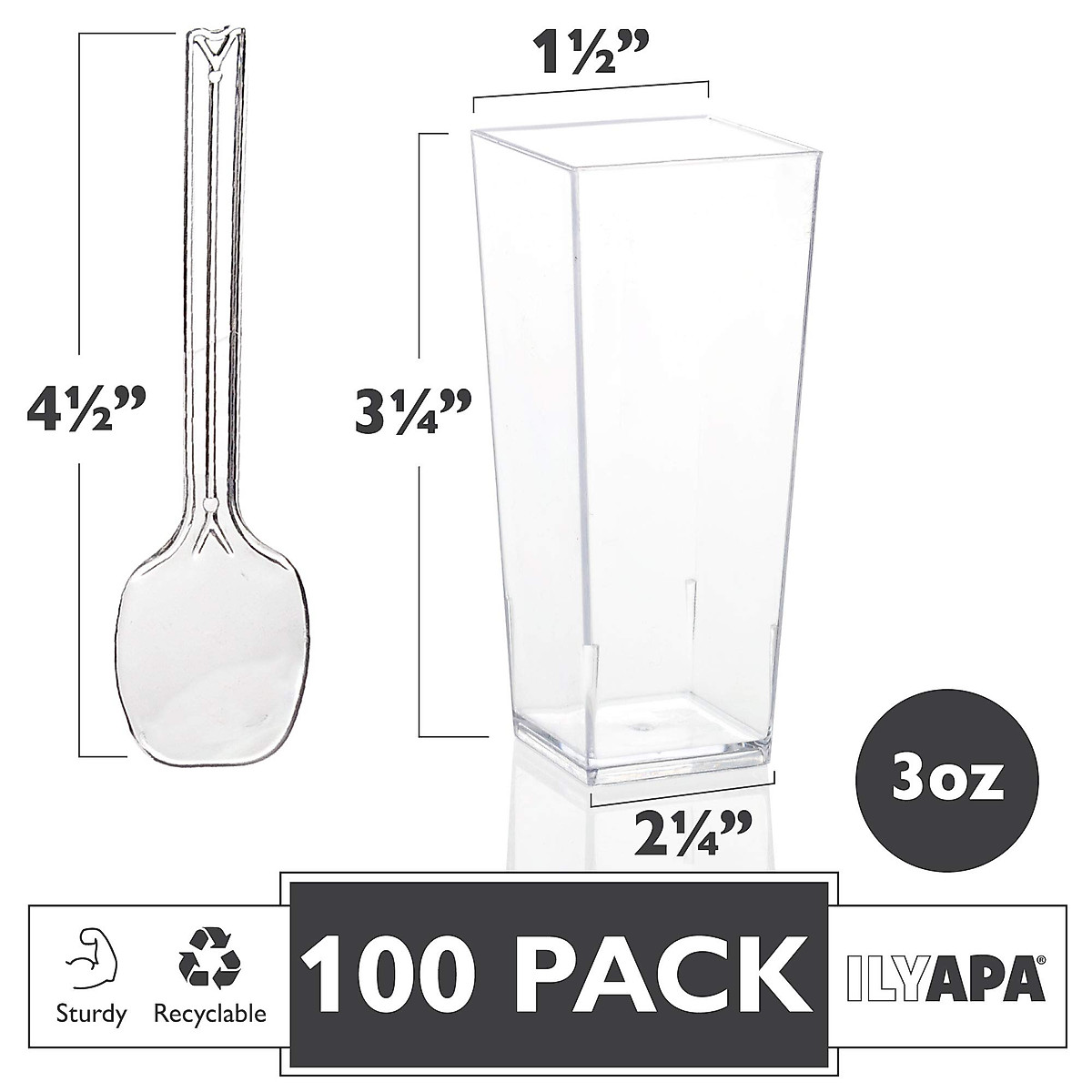 Ilyapa 100 Pack 3 ounce Dessert Cups, Plastic 3oz Dessert Cups with Spoons, Mini Shooters 3 oz, Cheesecake Shooter Cups, Chocolate Mousse Cups, Appetizer & Breakfast Brunch Accessories, Round