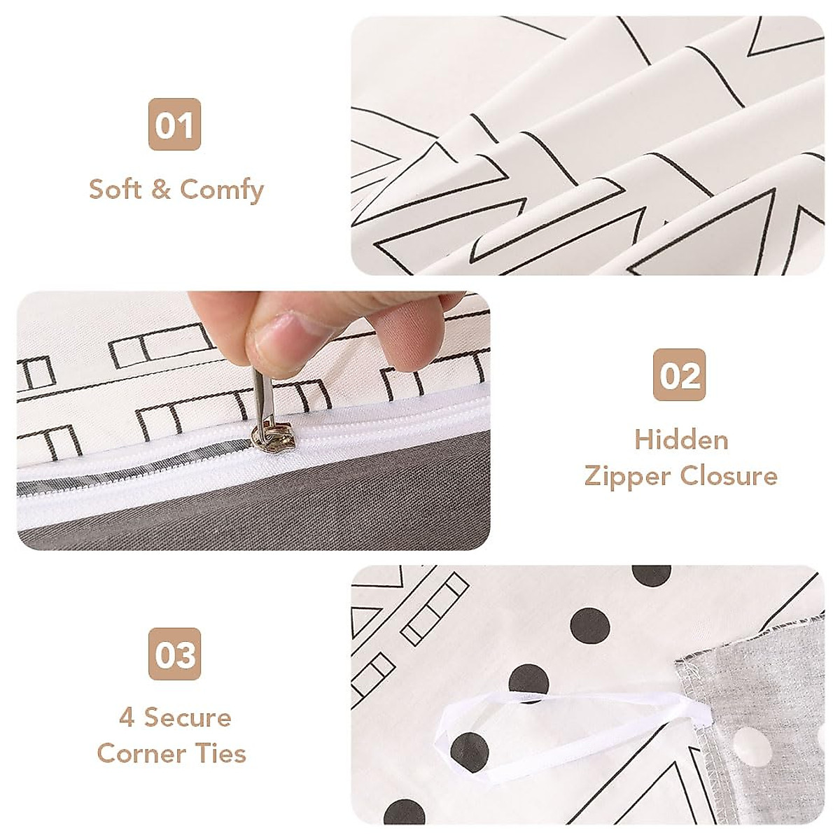 Lekesky Cotton Duvet Cover Queen Size, Boho Aztec Beige Comforter Cover Bedding Set for All Season, 3pcs Soft Comfortable Lightweight Duvet Cover and 2 Pillowcases