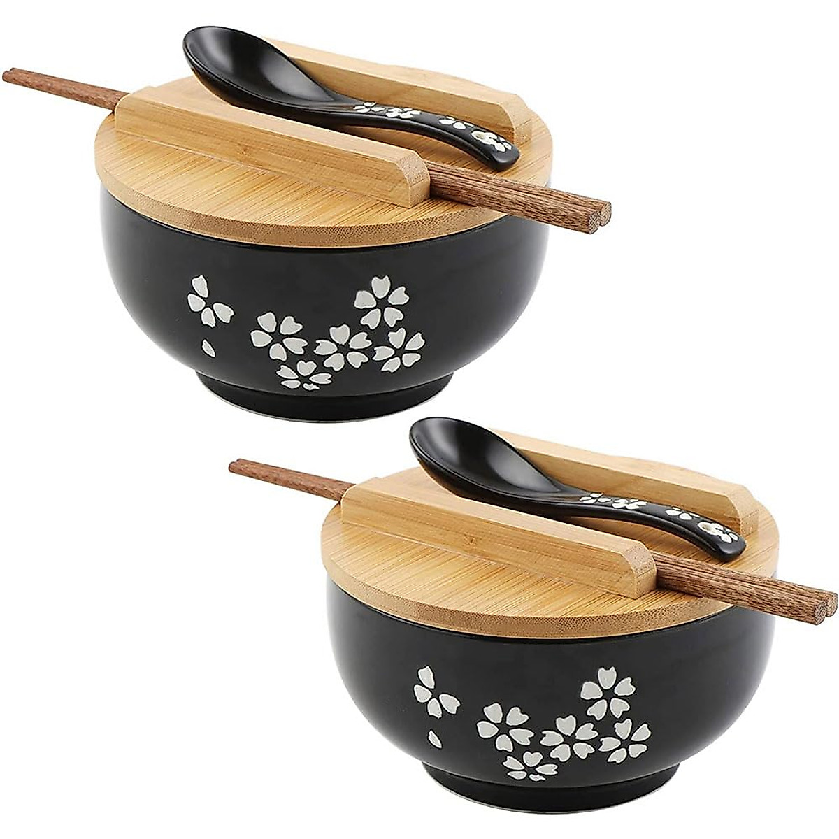 Japanese Ramen Bowl, Vintage Noodle Bowl with Lid and Spoon Black, Ceramic Ramen Bowl Hand Drawn Rice Bowl, Retro Tableware Noodle Bowl (2x Black)