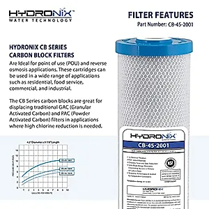 Hydronix CB-45-2001 Whole House, Commercial & Industrial NSF Coconut Carbon Block Water Filter, 4.5" x 20" - 1 Micron