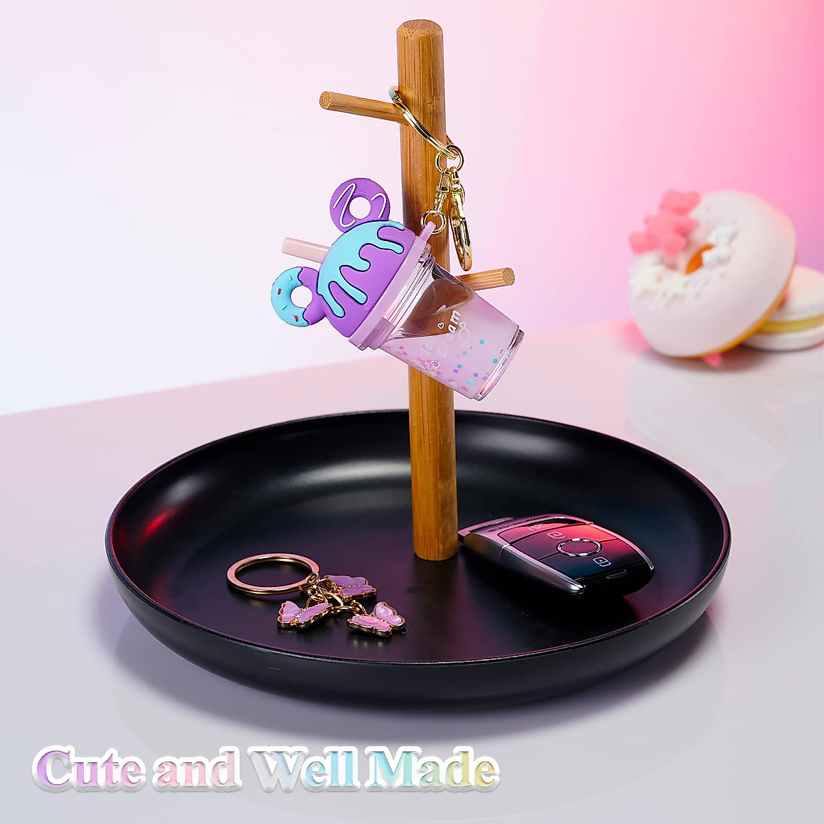 YOU WIZV Liquid Keychain, Kawaii Cute Boba Tea Water Key Chain for Backpacks, Aesthetic Donut Keychain for Girls, Kids,Women, Daughters, Boys（Purple Keychain）