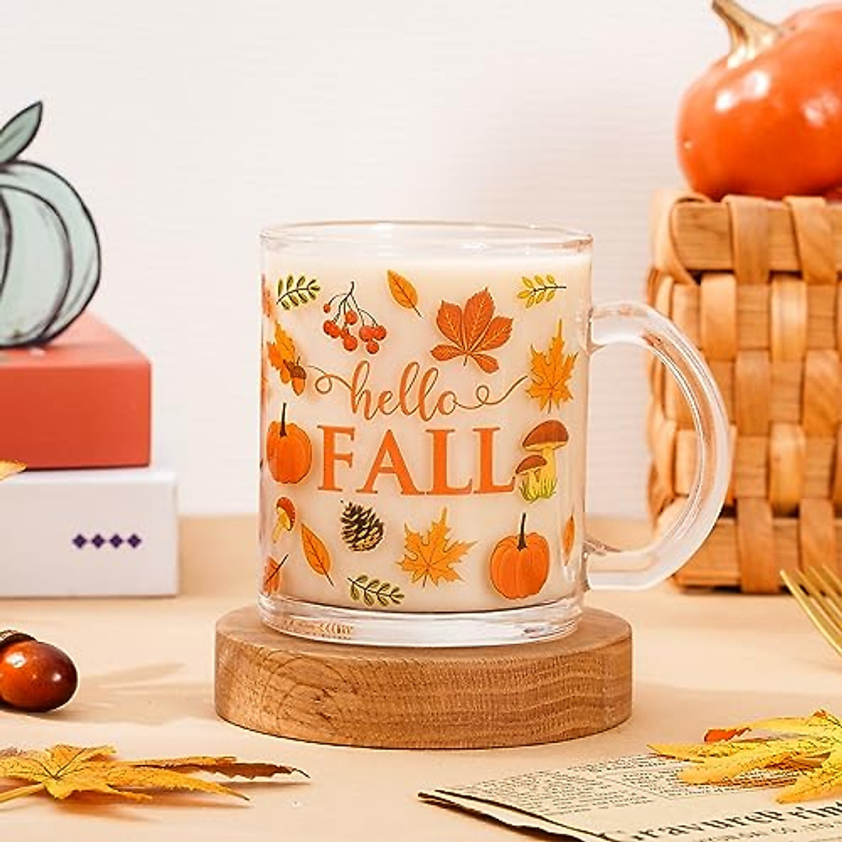 Whaline Fall Glass Coffee Mugs with Handle Pumpkin Maple Leaf Coffee Cups Autumn Harvest Drinking Glasses Beverage Mugs for Fall Thanksgiving Iced Coffee Soda Cocktail Whiskey Tea Water Wine, 12oz
