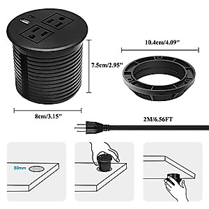 Desk Power Grommet, Haylink Desk Hole Grommet with USB-C, 3.15 Inch(80mm) 2 Plugs Recessed Power Outlet Connect 6.56ft Extension Cord, Black