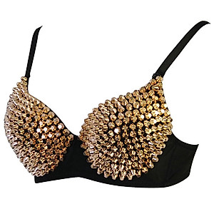 Generic Womens WomenS Studded Rivets Bras Punk Push Up Tops Underwear For Party Club Sexy Gothic Metallic Bra Clubwear Golden,Large