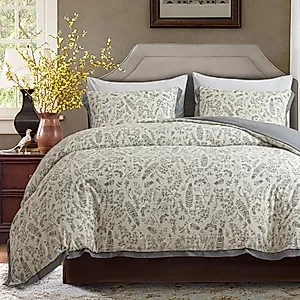 VARSDEN Soft Floral Double-Sided Zipper Duvet Cover Set - 3 Piece Set, Countryside Style, Dual Tone, Exquisite Print (Queen(90"X90"), Gray)