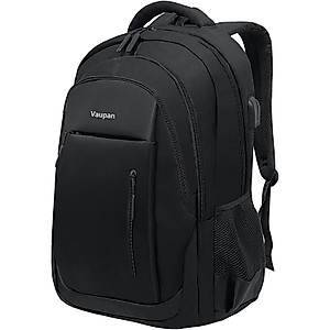 Vaupan Travel Laptop Backpack, Durable Business Backpack with USB Charging Port and Headphone Interface, Water Resistant College School Computer Bag Gifts for Men Women, Fits 15.6 Inch Notebook, Black