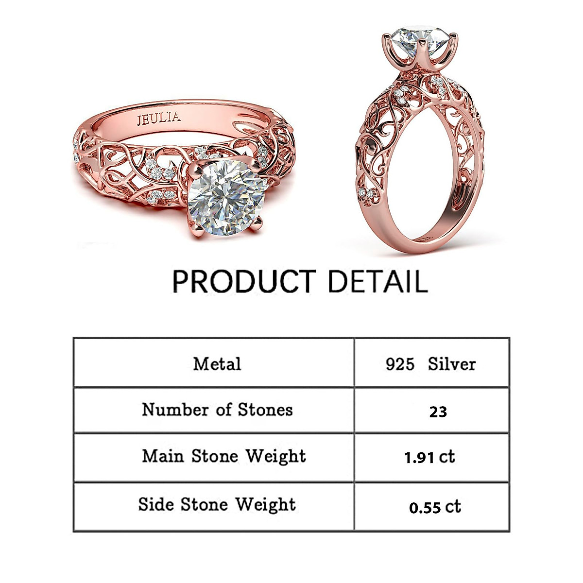Jeulia 2 Carat Leaf Vines Rings for Women 925 Sterling Silver Rose Gold Plated Engagement Rings Round Cut Diamond Wedding Band Rings Solitaire CZ Promise Anniversary Rings Romantic Gift (Rose Gold, 9)