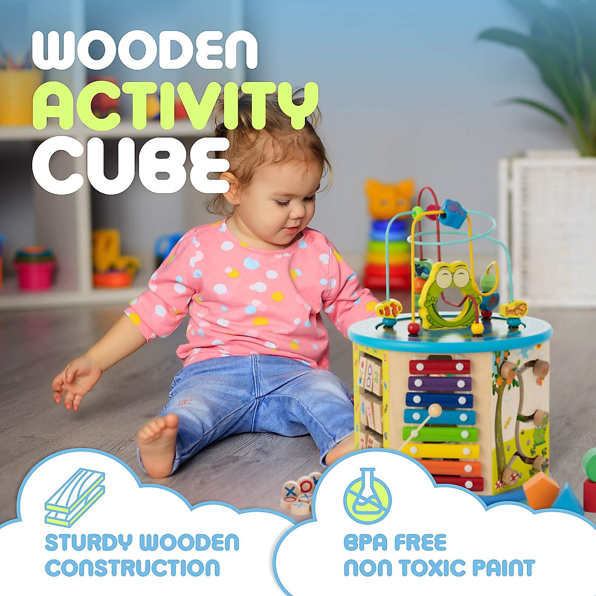 KIDDERY TOYS Wooden Activity Cube for Toddlers 1-3 with Bead Maze - Birthday Gift Busy Baby Activity Cube for 6-Month-Old Baby