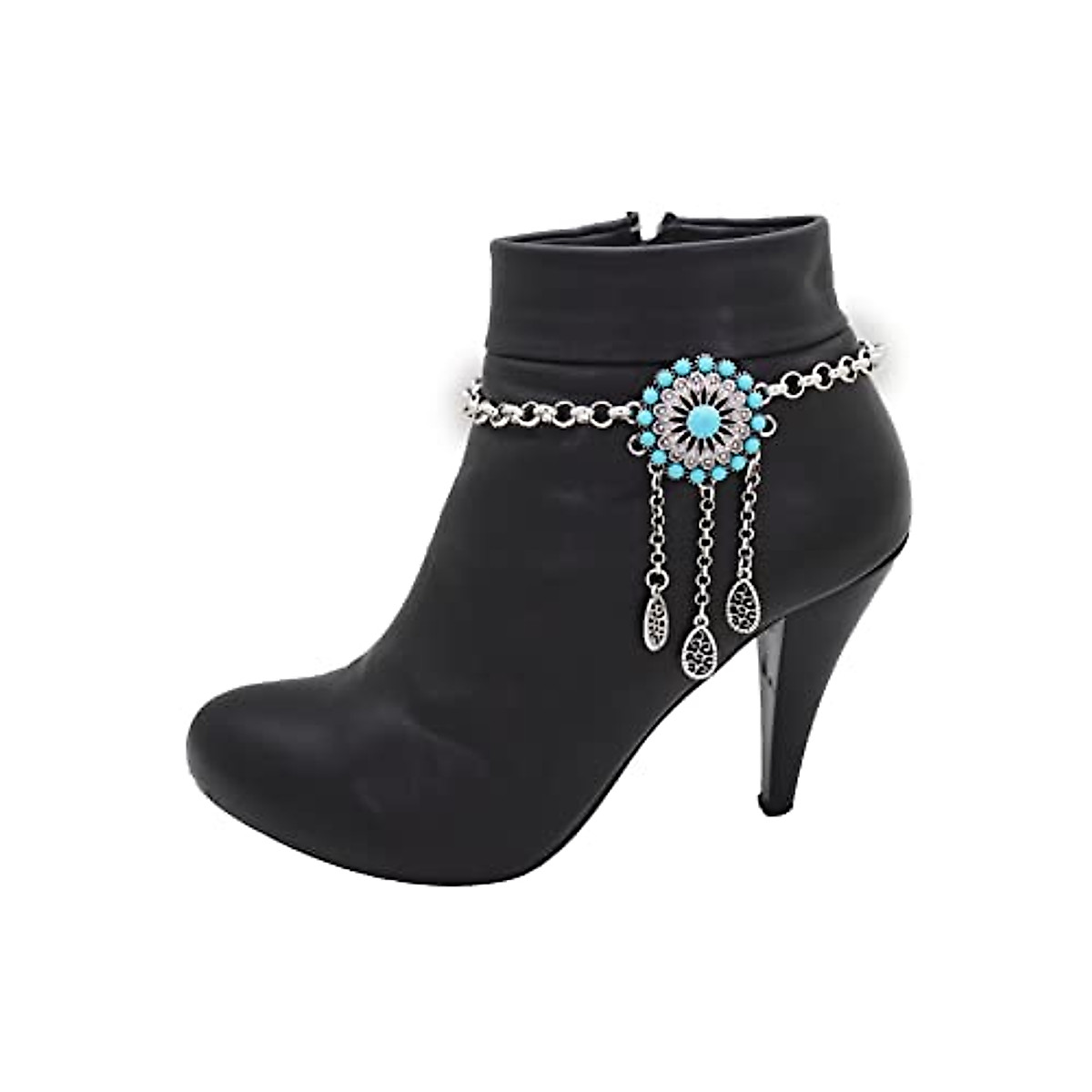 Women Western Fashion Jewelry Boot Bracelet Silver Metal Chain Shoe Anklet Turquoise Blue Beads Flower
