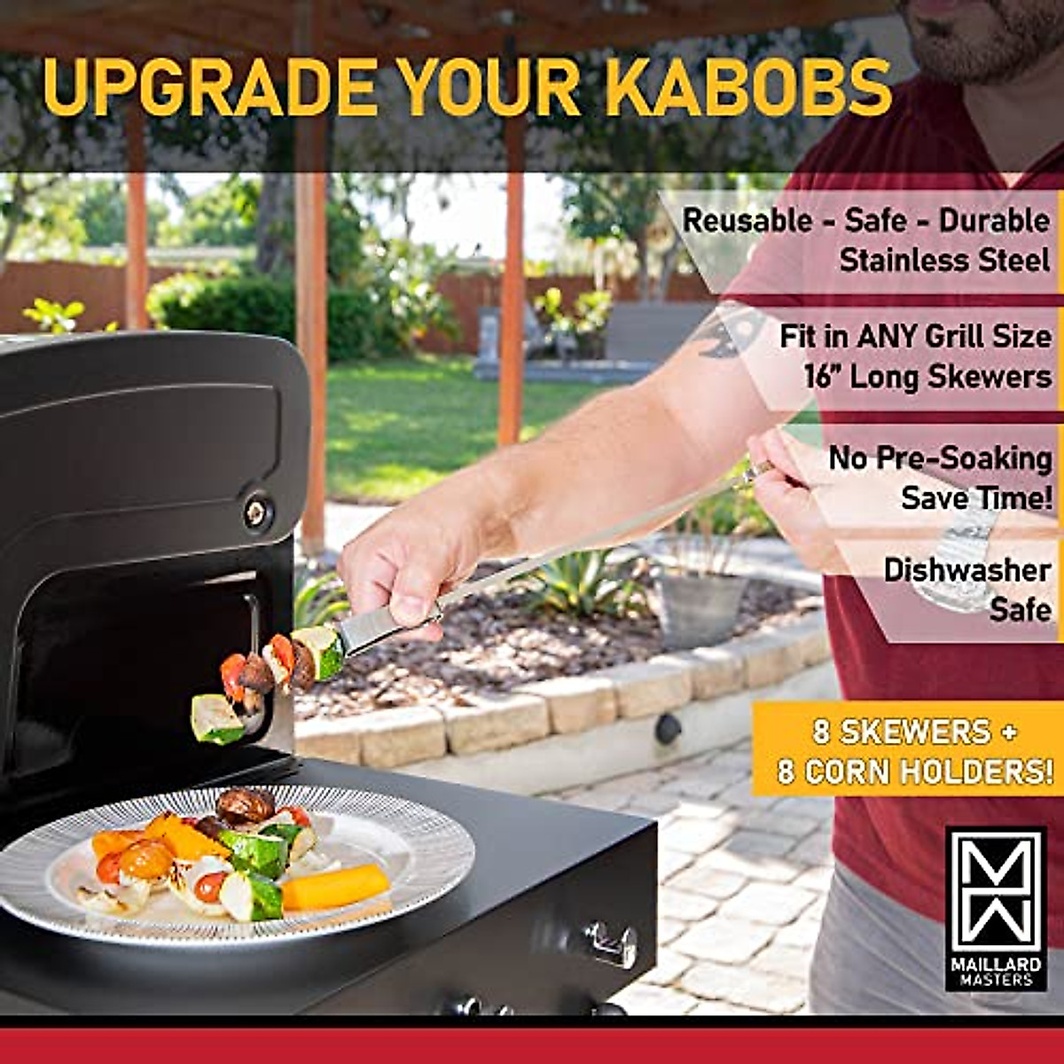 MAILLARD MASTERS Metal Skewers for Kabobs - Flat BBQ Skewers for Grilling with Sliders + Corn Holders. Carrying Case Giftset. Grill Meats, Shrimp, Chicken and Veggies like a PRO (16 pcs total)