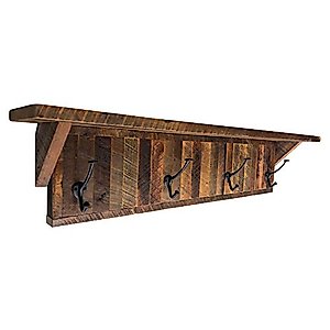Wall Mounted Reclaimed Barnwood Coat Rack with Shelf – Rustic Wooden Entryway Shelf with Wrought Iron Hooks – Wall Shelf Coat Hanger – Hanging Coat Shelf (48" W x 10.5" H x 7.5" D, Reclaimed Wood)