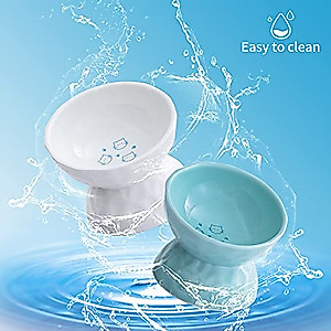 Ceramic Raised Cat Bowls, Tilted Elevated Cat Food and Water Bowls Set, Porcelain Stress Free Pet Feeder Bowl Dish for Cats and Small Dogs, Dishwasher and Microwave Safe, White & Green, Set of 2